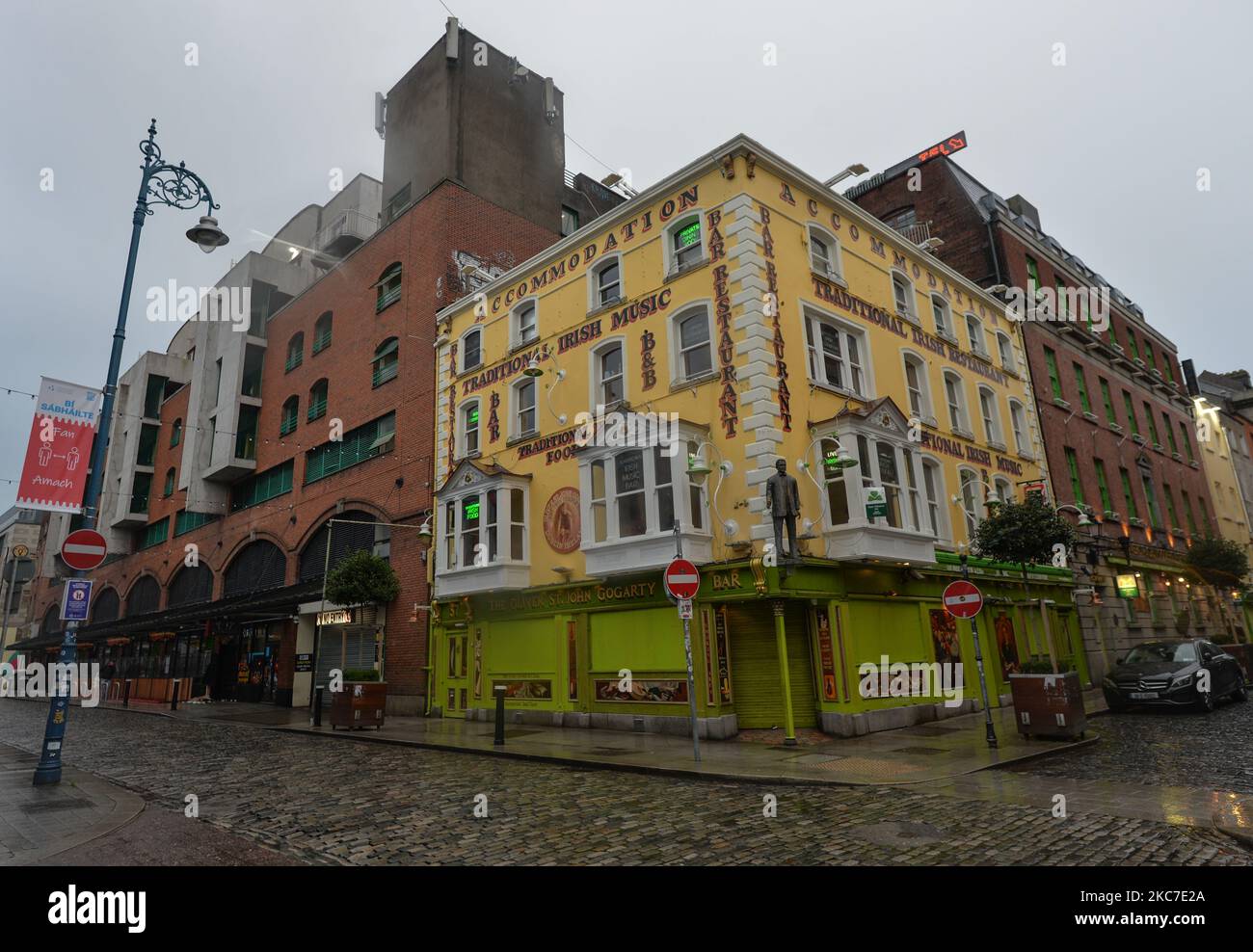 Closed businesses seen in Temple Bar, in Dublin city center, during ...
