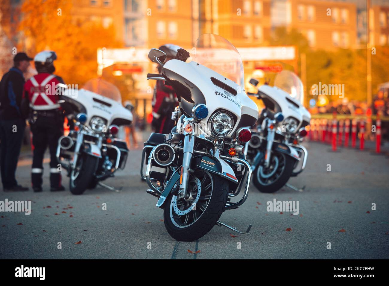 Police motorcycles parked in formation on the roadway Stock Photo - Alamy