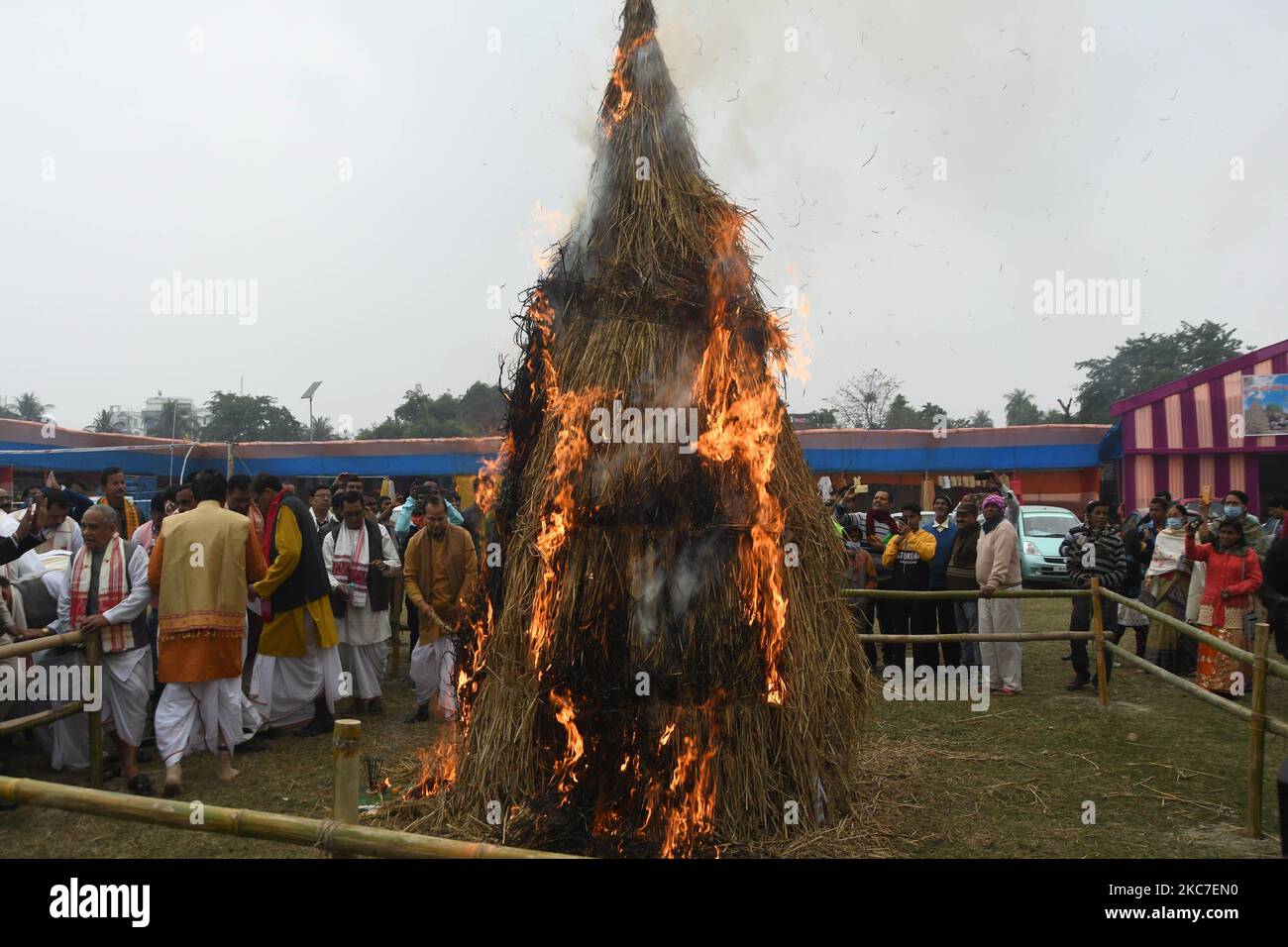Traditional Assamese 'Meji', a house made of straw, being burnt during ...