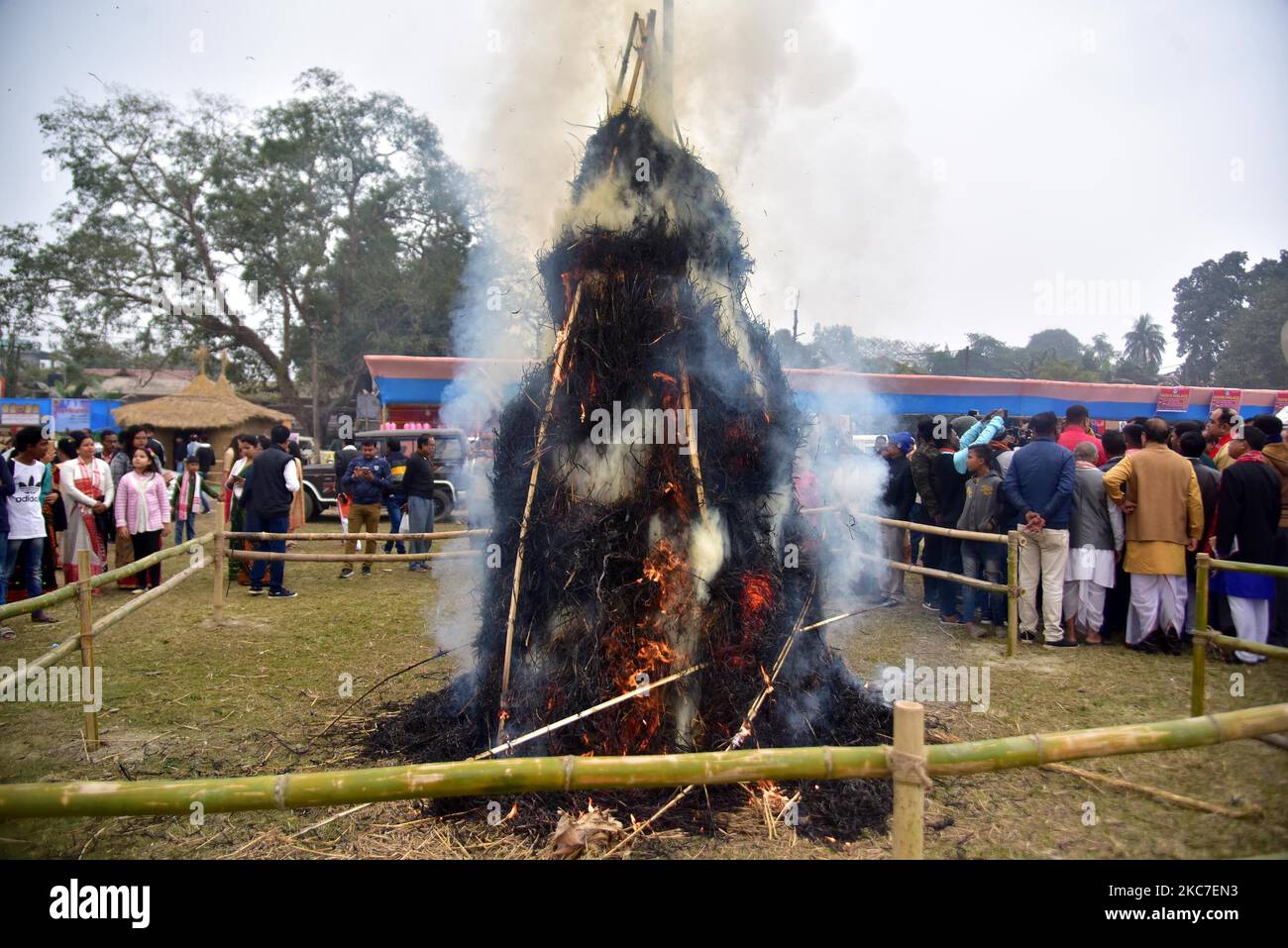 Traditional Assamese 'Meji', a house made of straw, being burnt during ...