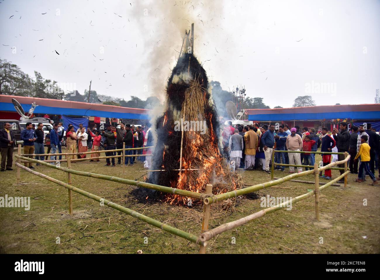 Traditional Assamese 'Meji', a house made of straw, being burnt during ...