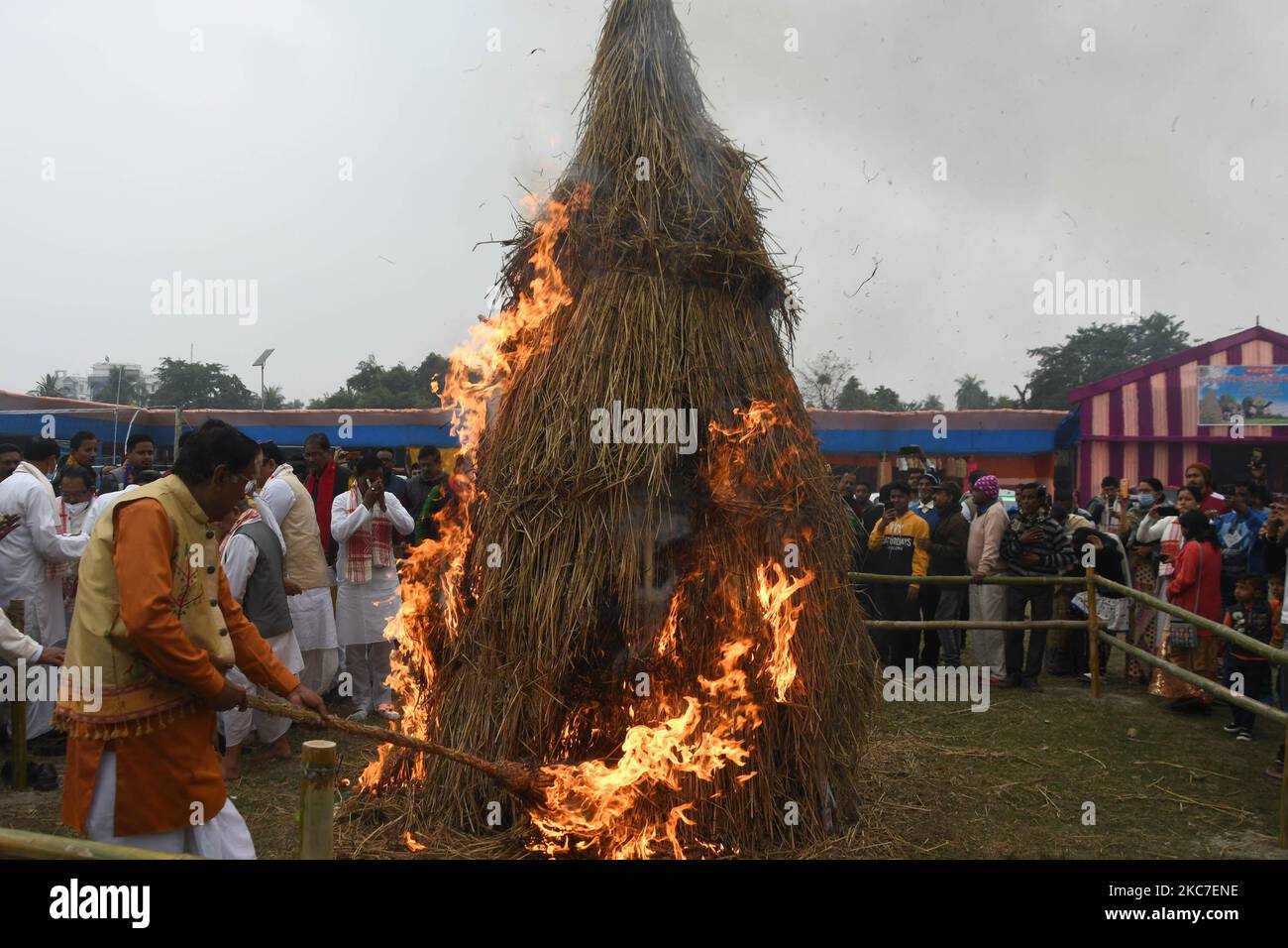 Traditional Assamese 'Meji', a house made of straw, being burnt during ...