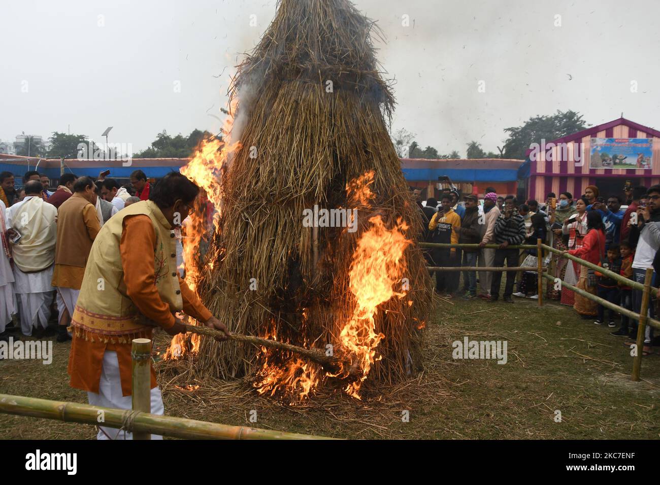 Traditional Assamese 'Meji', a house made of straw, being burnt during ...