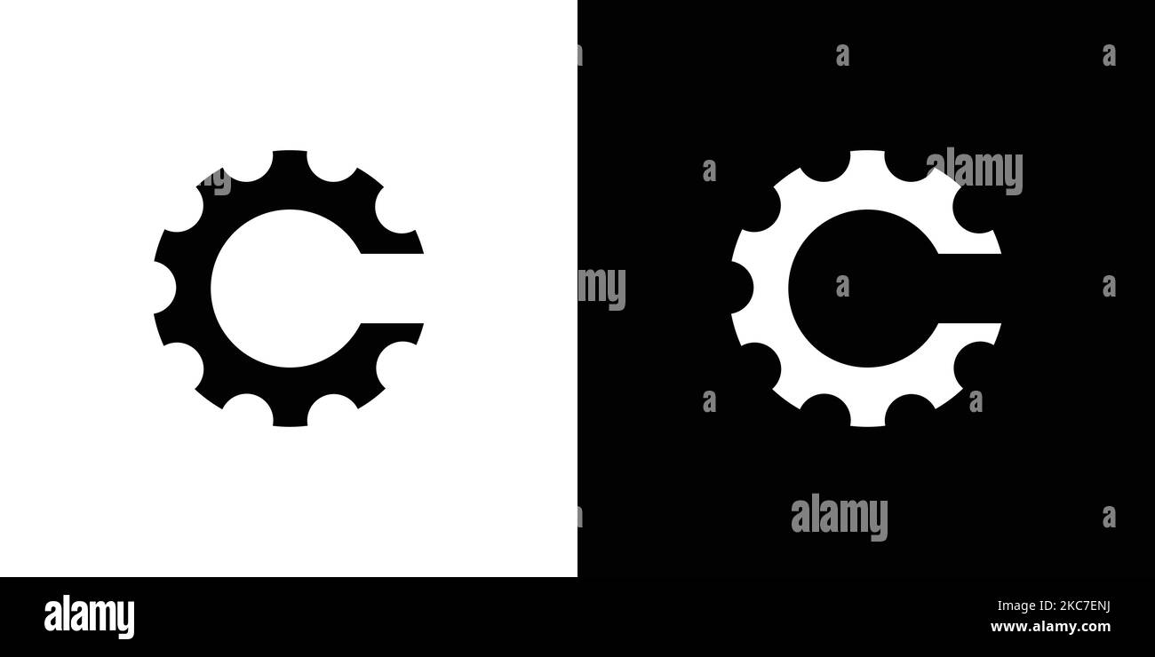 A white and black split background with a logo of a gear sprocket with ...