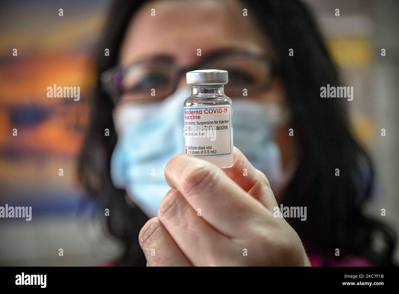 Medical worker is showing Moderna’s Covid-19 vaccine "at Maichin dom ...