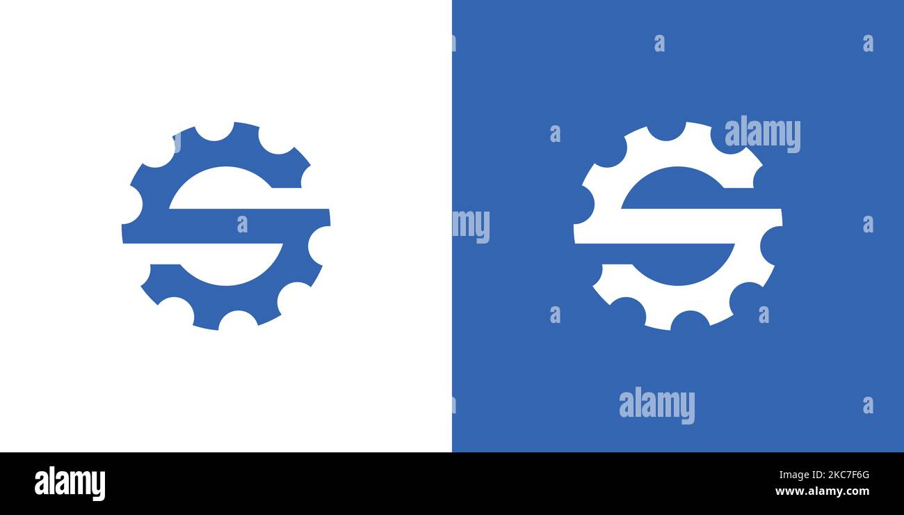 A white and light blue split background with a logo of a gear sprocket ...