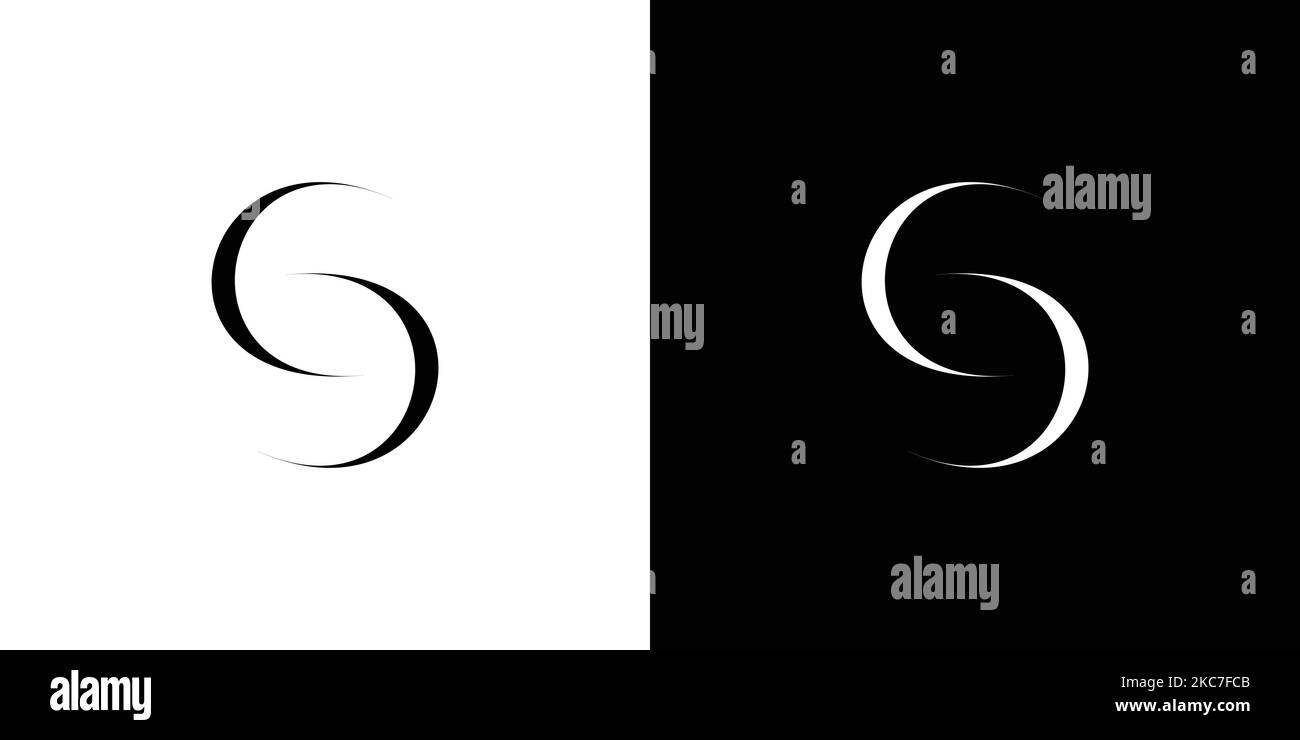 A white and black split background with a logo of two crescent lines ...