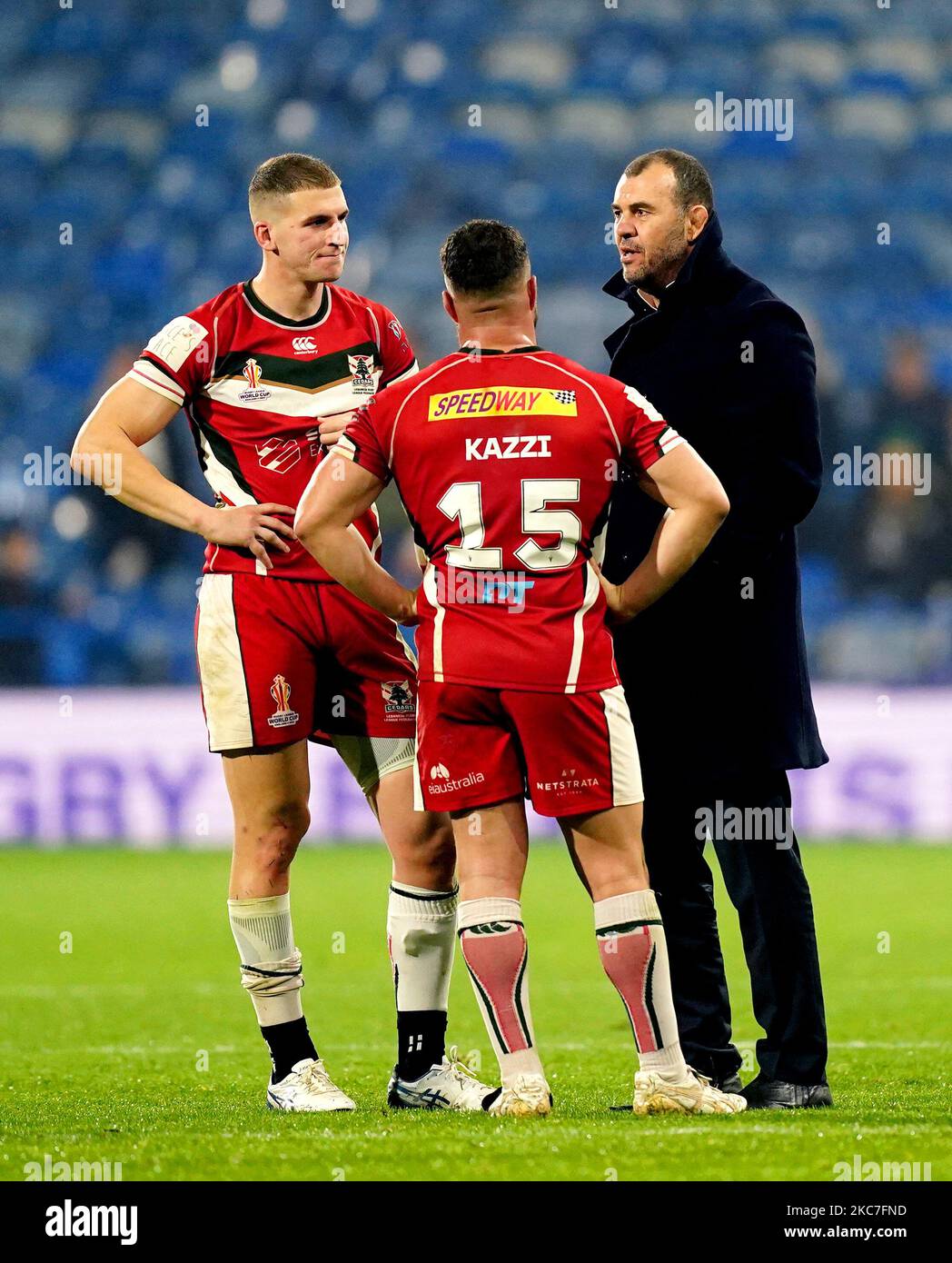 Lebanon head coach Michael Cheika speaks to Andrew Kazzi at the end of ...