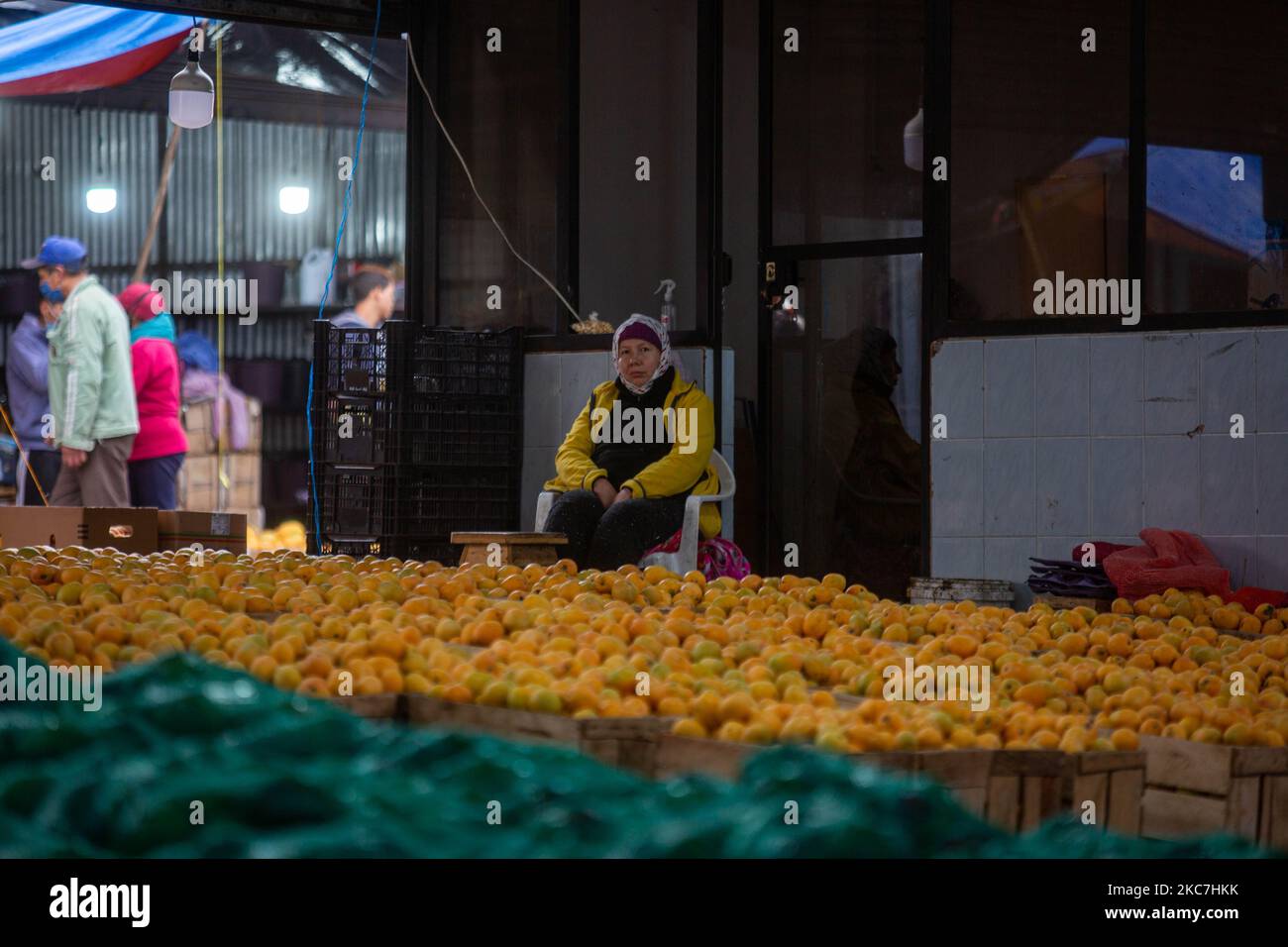 Mango seller surrounded by all the fruits waiting for the morning sale ...