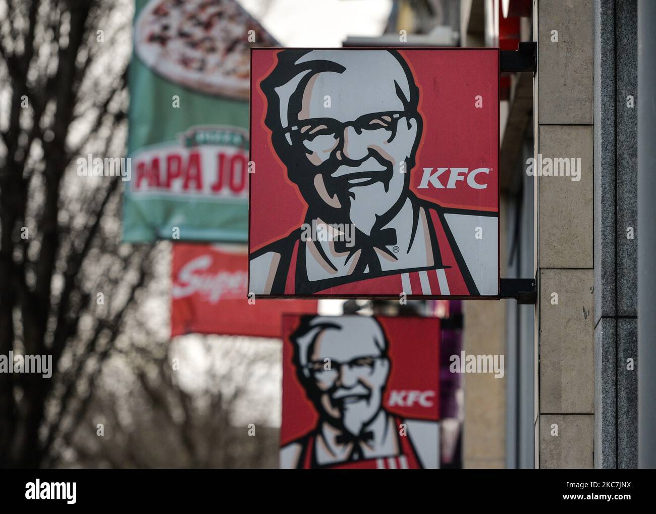 KFC logos seen outside a restaurant in Dublin city center during Level ...