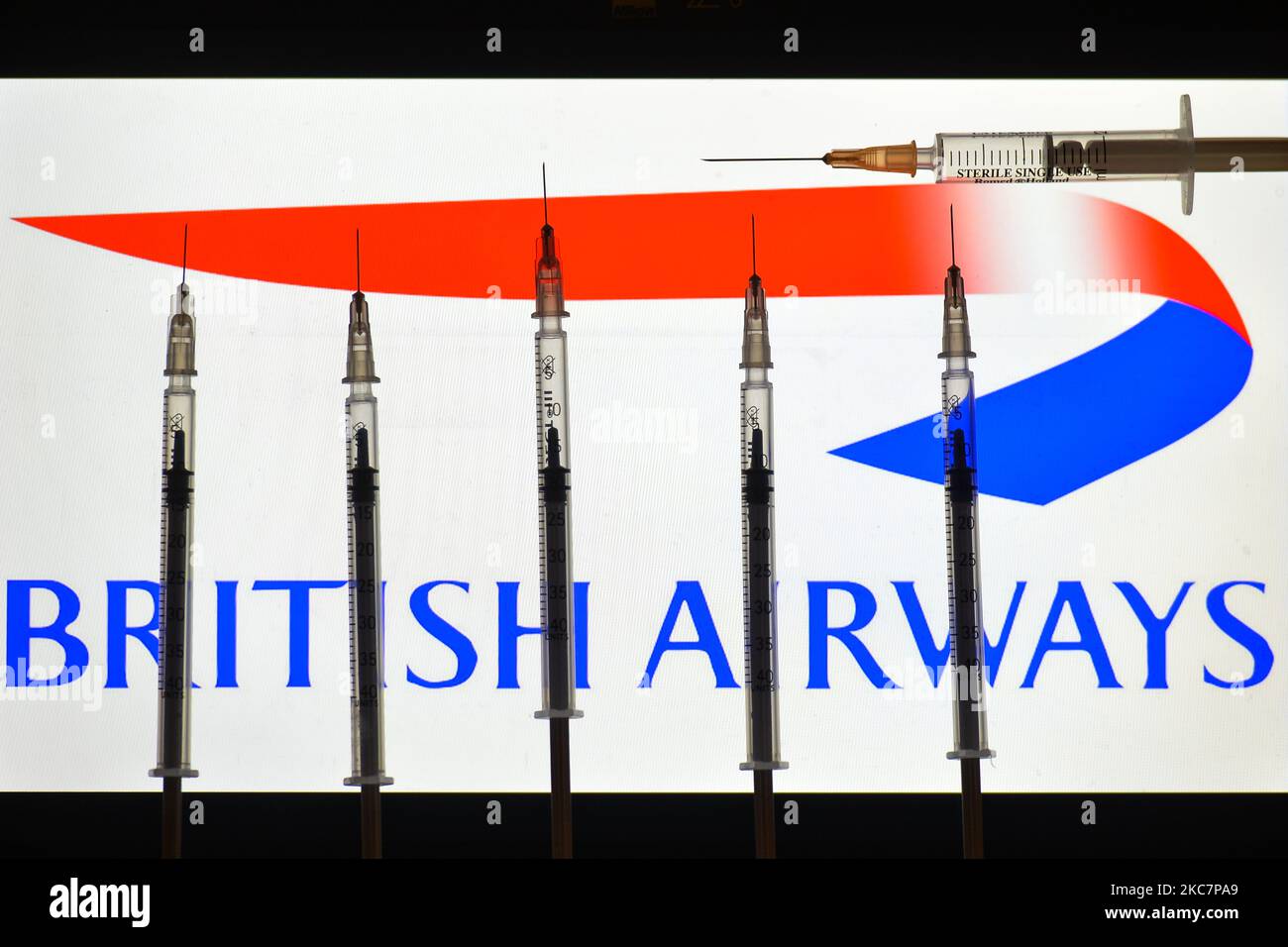 An illustrative image of medical syringes in front of a British Airways ... An illustrative image of medical syringes in front of a British Airways ...