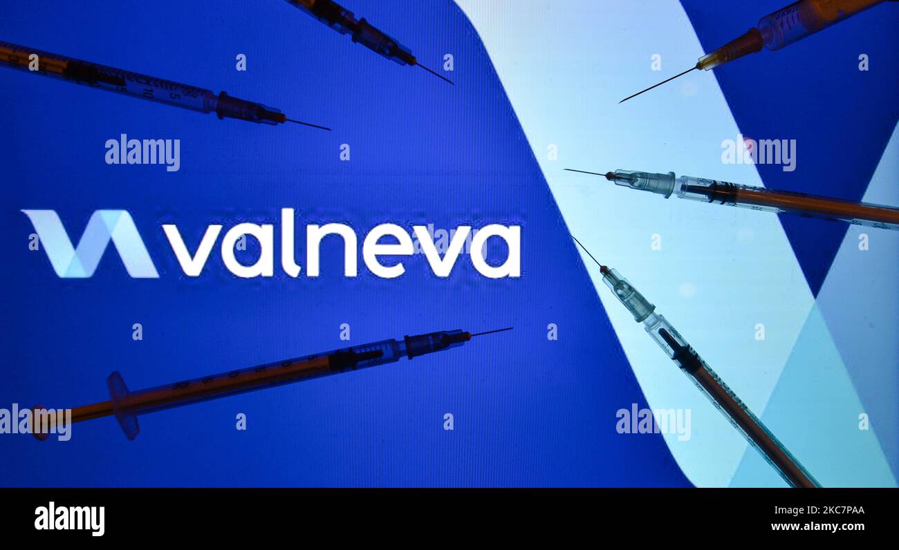 An illustrative image of medical syringes in front of a Valneva logo ...