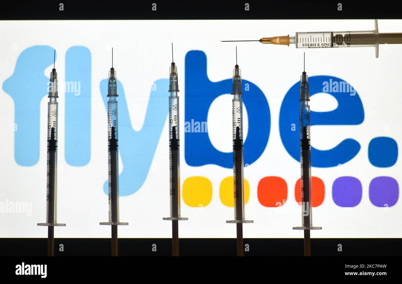 An illustrative image of medical syringes in front of a FlyBe logo ...