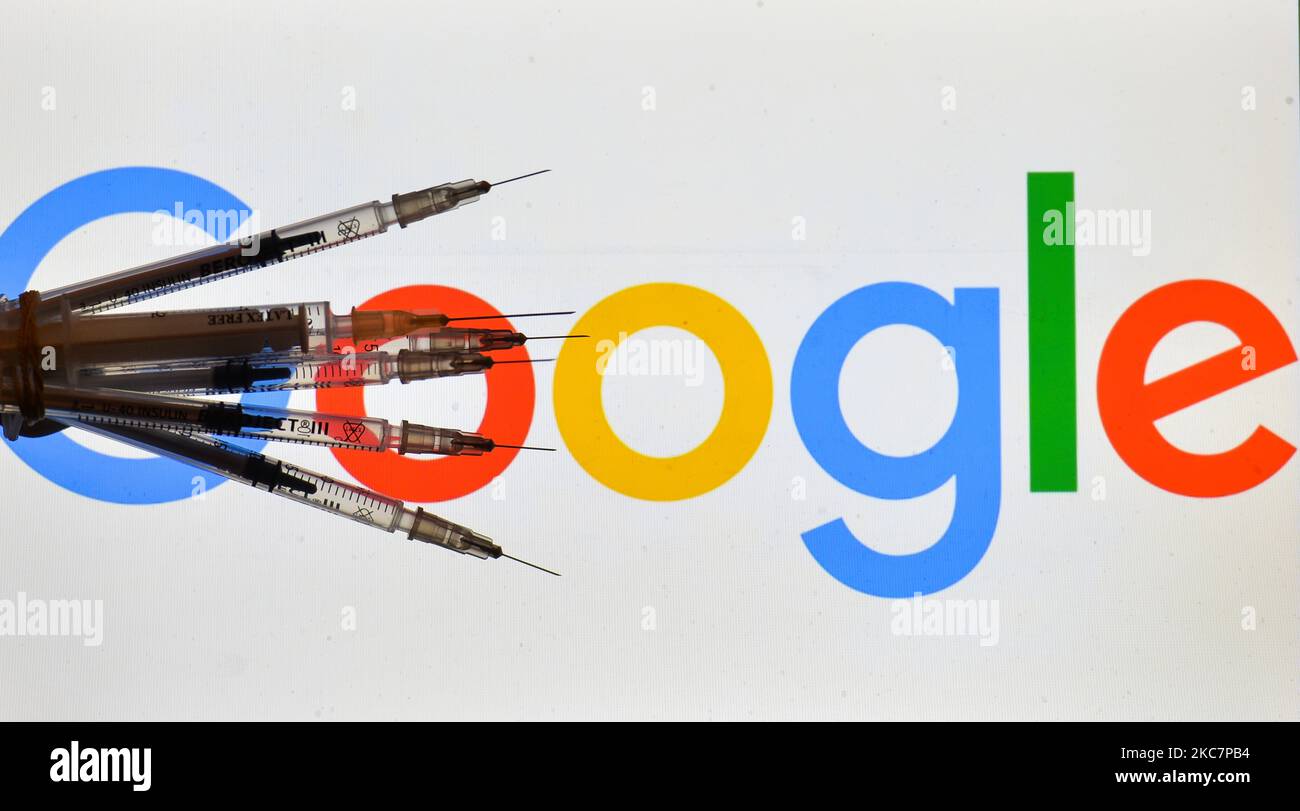 An illustrative image of medical syringes in front of Google logo ...