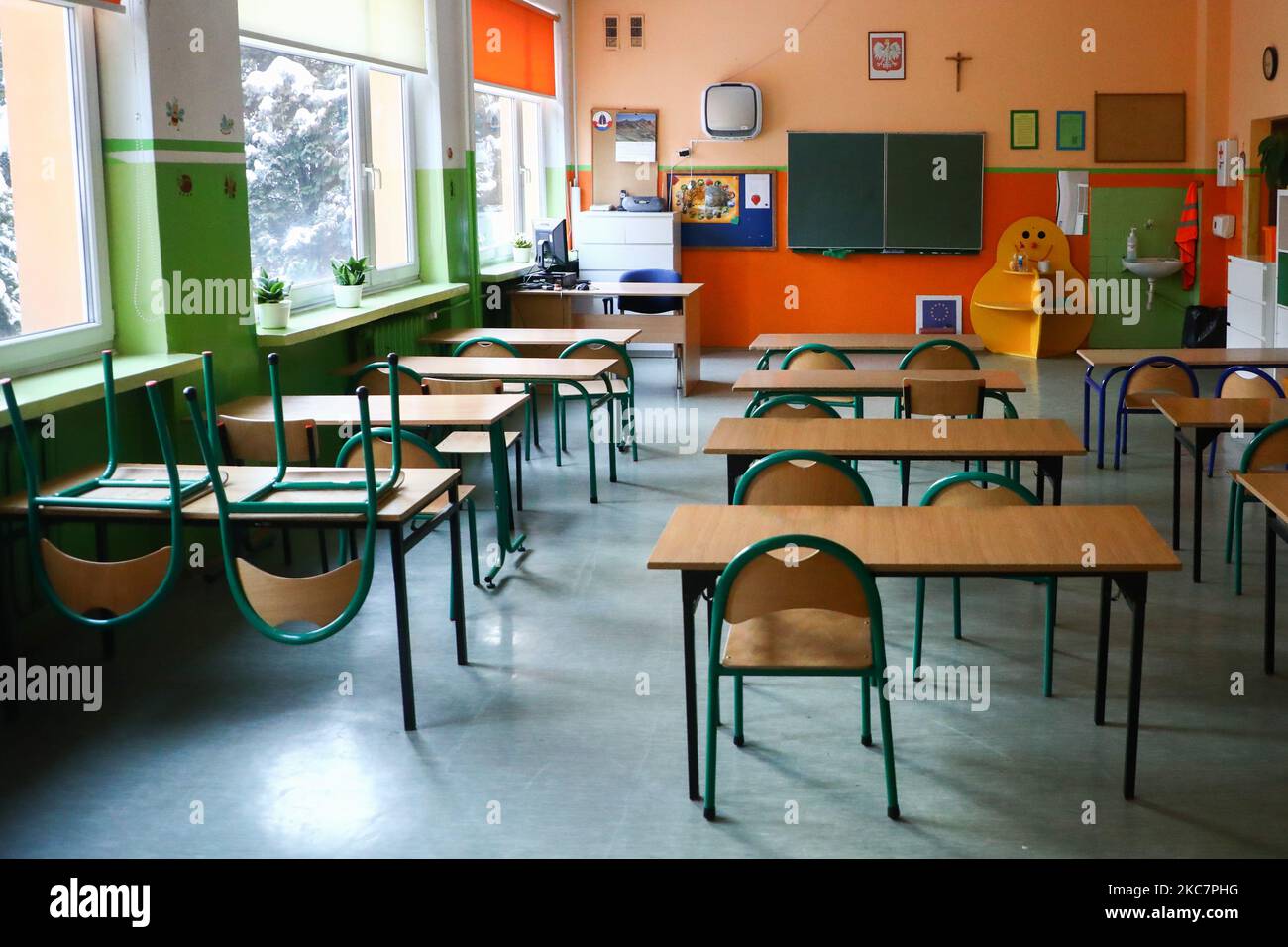 An empty classroom is seen during the first day of the reopening of the ...