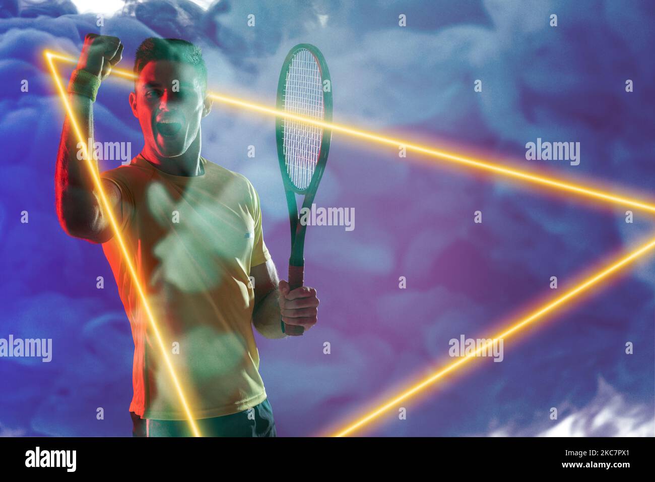 Caucasian male tennis player holding racket and screaming by ...