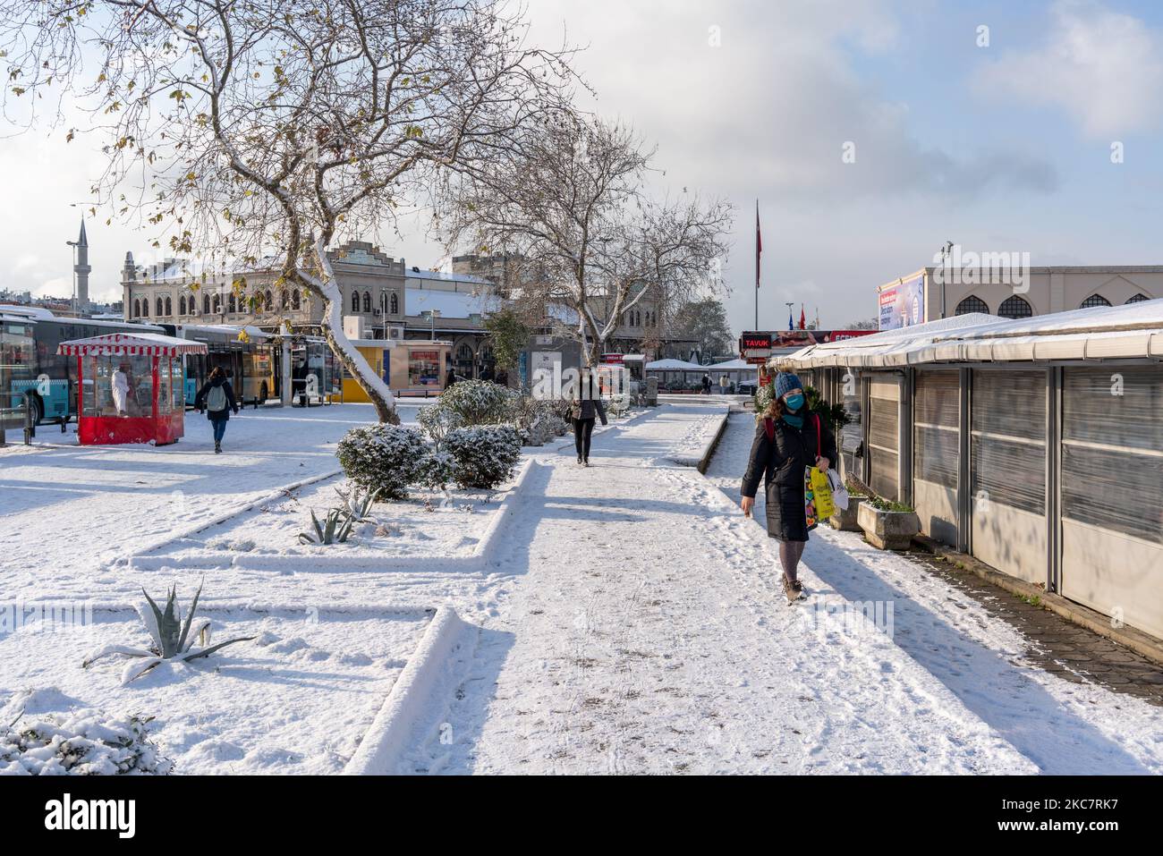Kadikoy district was covered in snow following the snowfall in effect ...