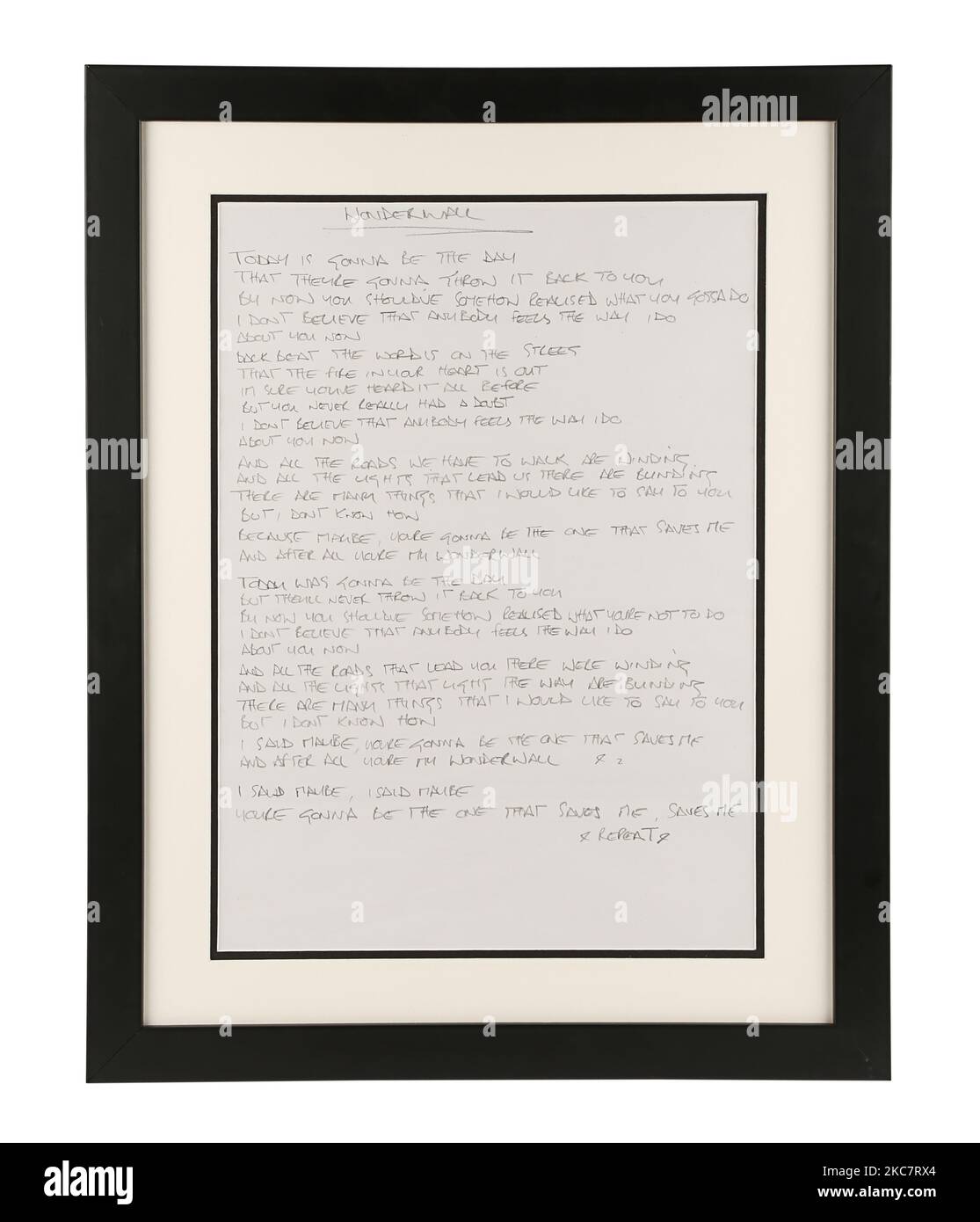 Undated handout photo issued by Propstore of the lyrics for Wonderwall ...