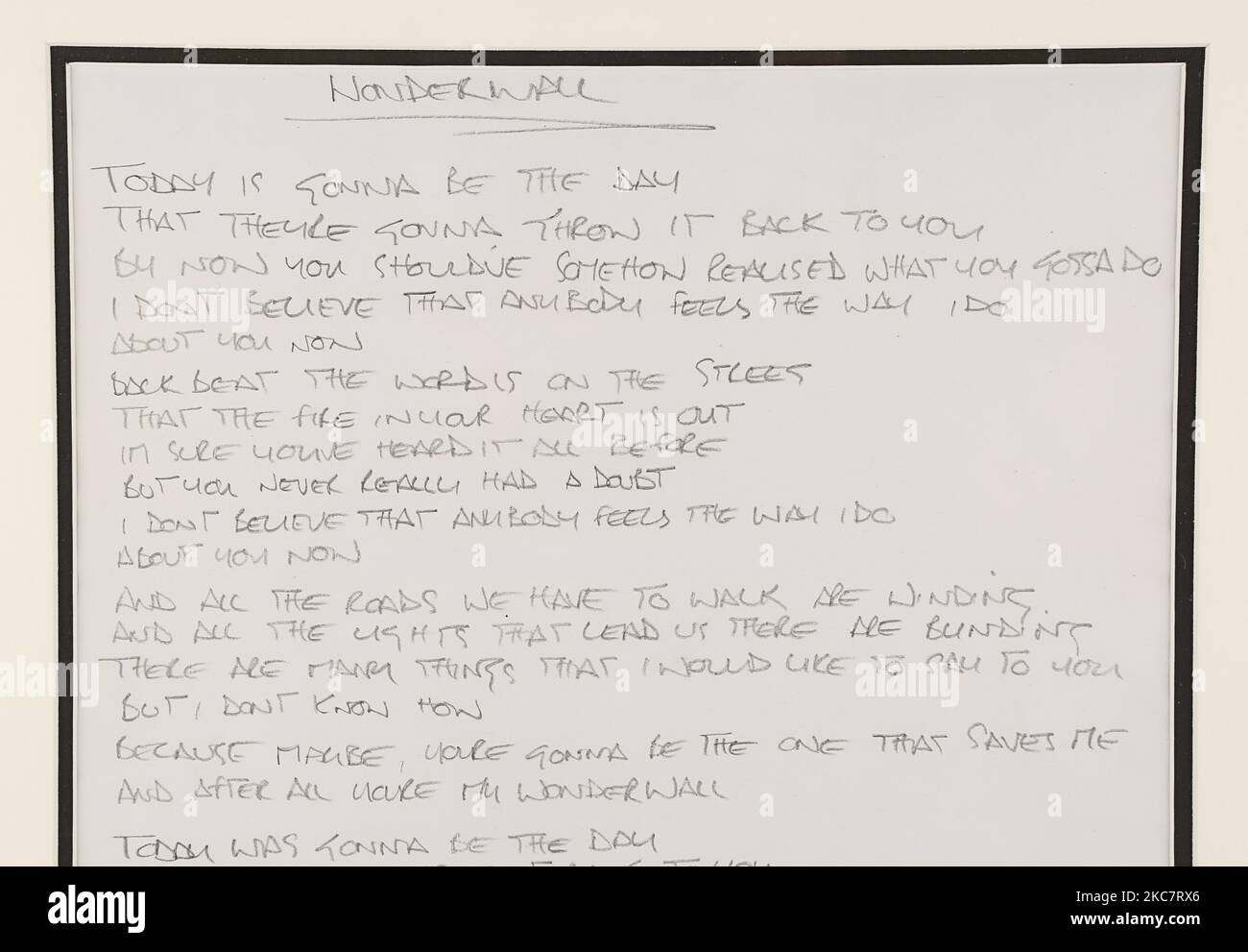 Undated handout photo issued by Propstore of the lyrics for Wonderwall ...