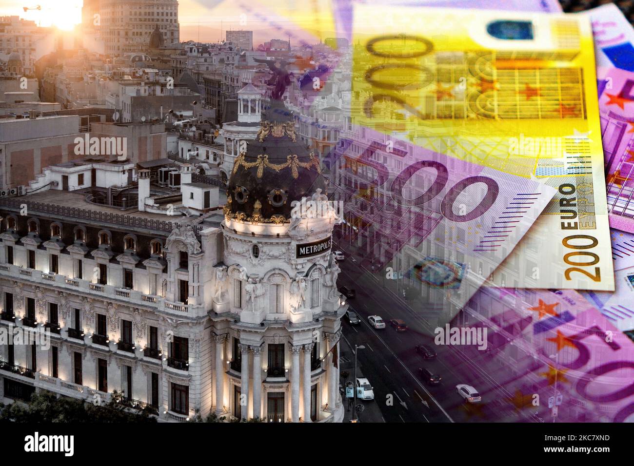 Euro cash banknotes and skyline of Madrid city, Spain (real estate ...