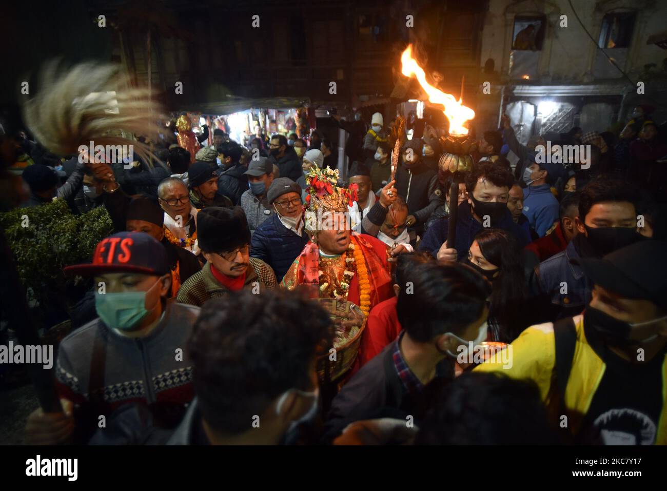 Nepalese Priests along with devotee chants ritual tunes after an annual ...