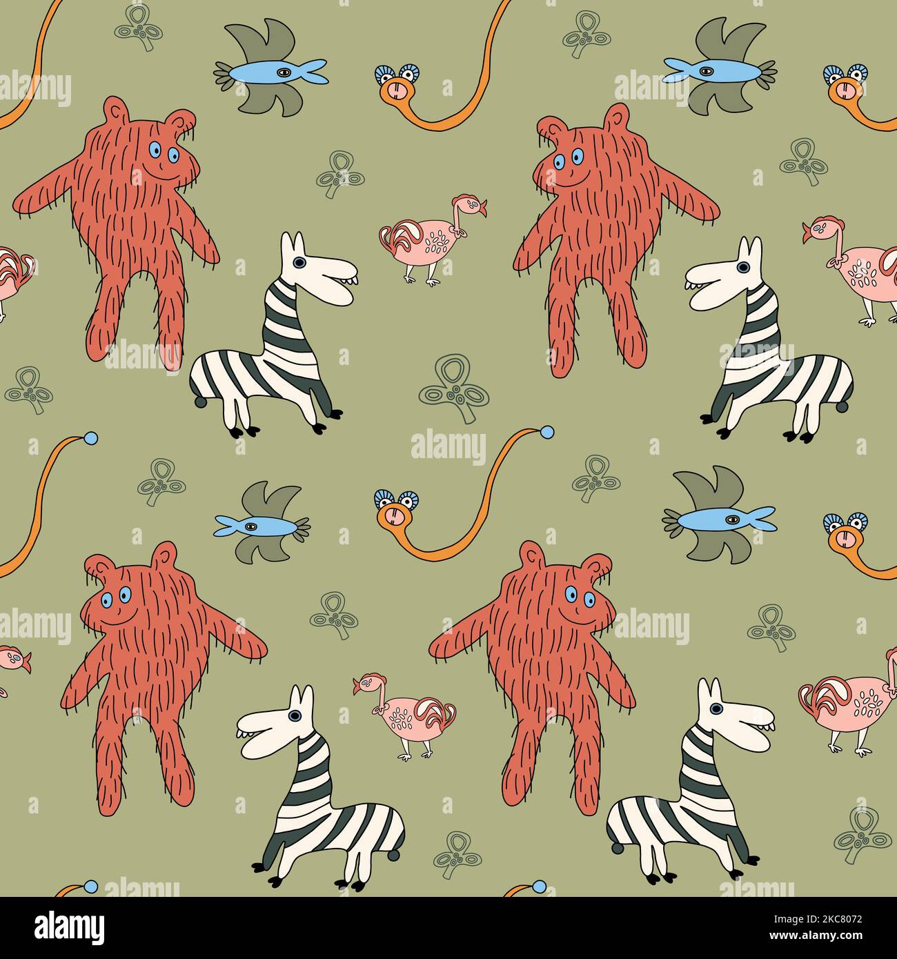 Kid friendly seamless pattern with animals. Childish style drawing ...