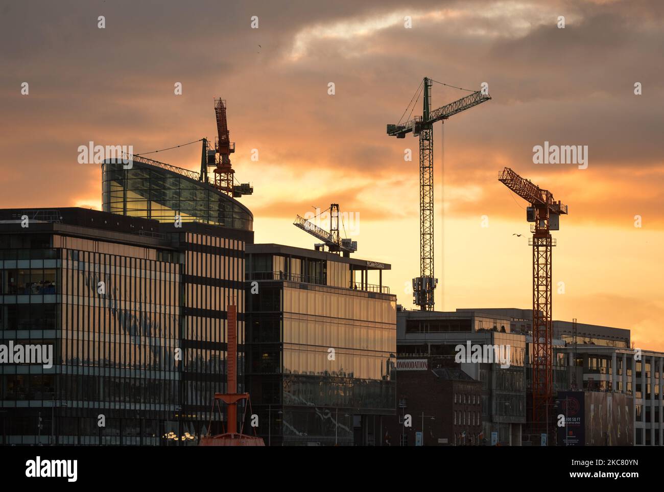 Construction cranes seen in Dublin's Silicon Docks area during Level 5 ...