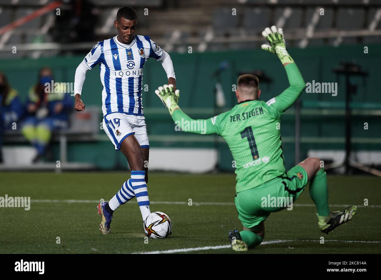 Alexander Isak of Real Sociedad shooting to goal front to Marc-Andre ...