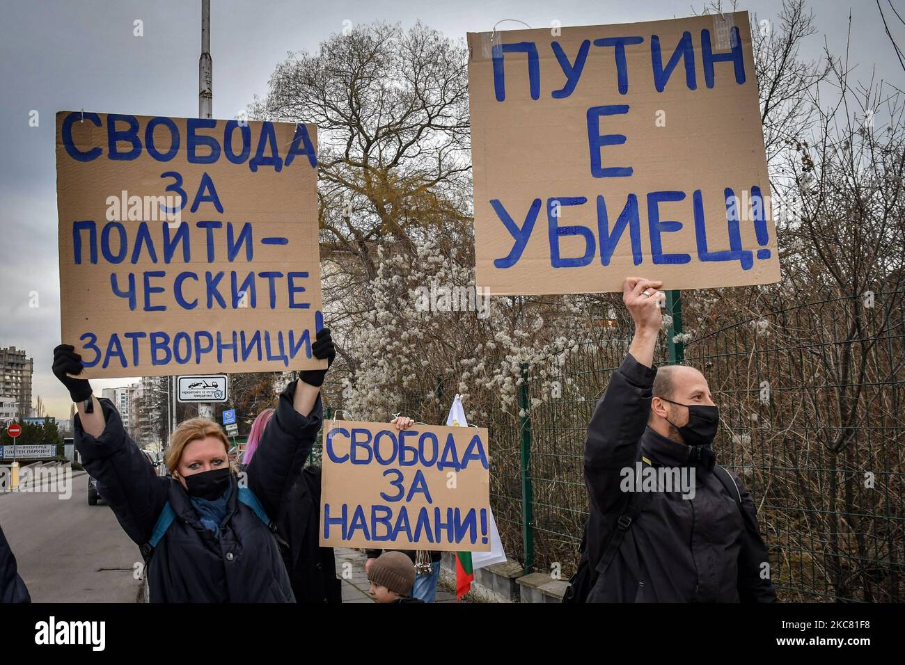 People holding signs "Freedom for political prisoners" and "Putin is a ...