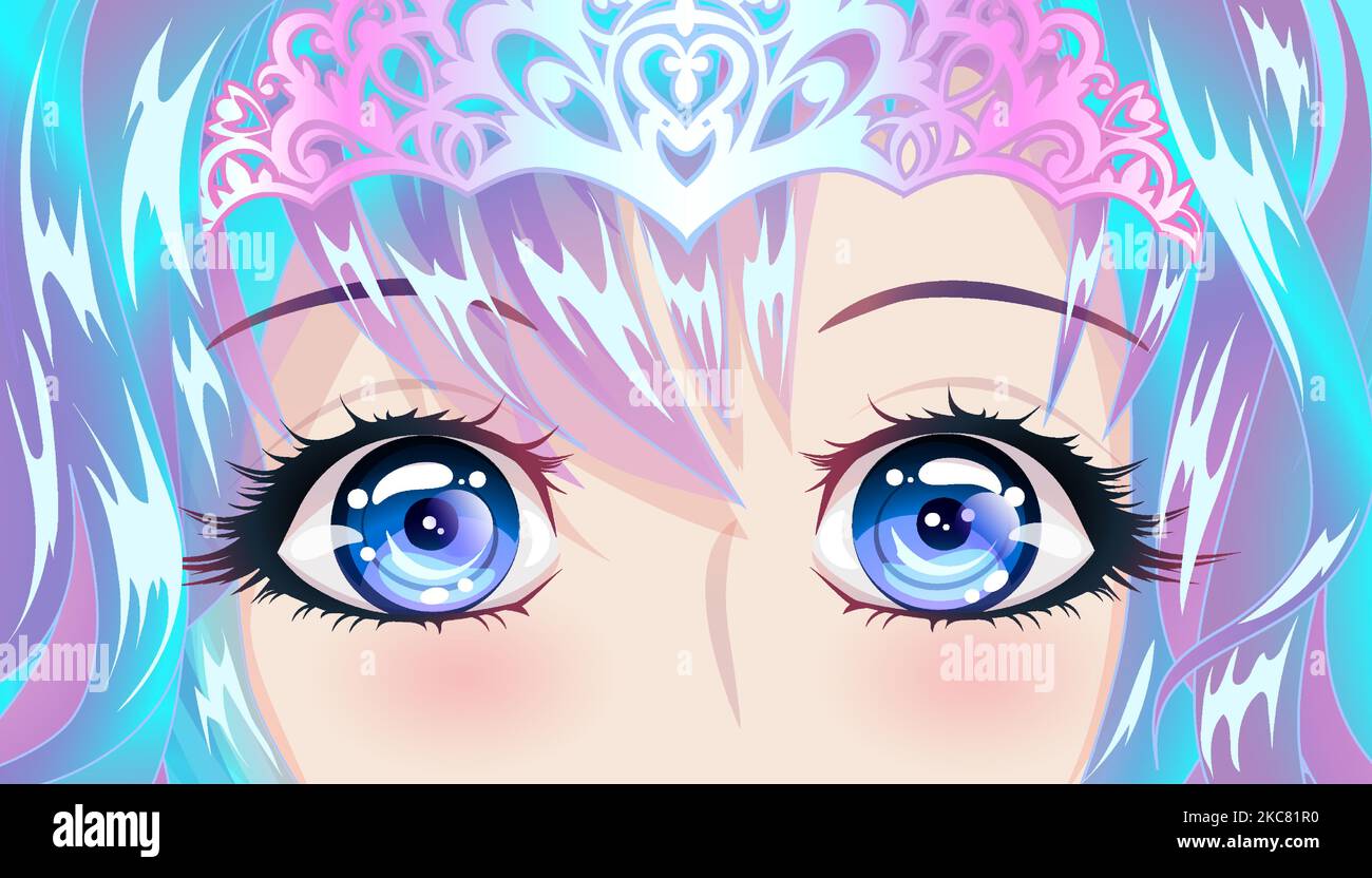 Cute Girl With Blue Hair And Blue Eyes In Anime Style Vector