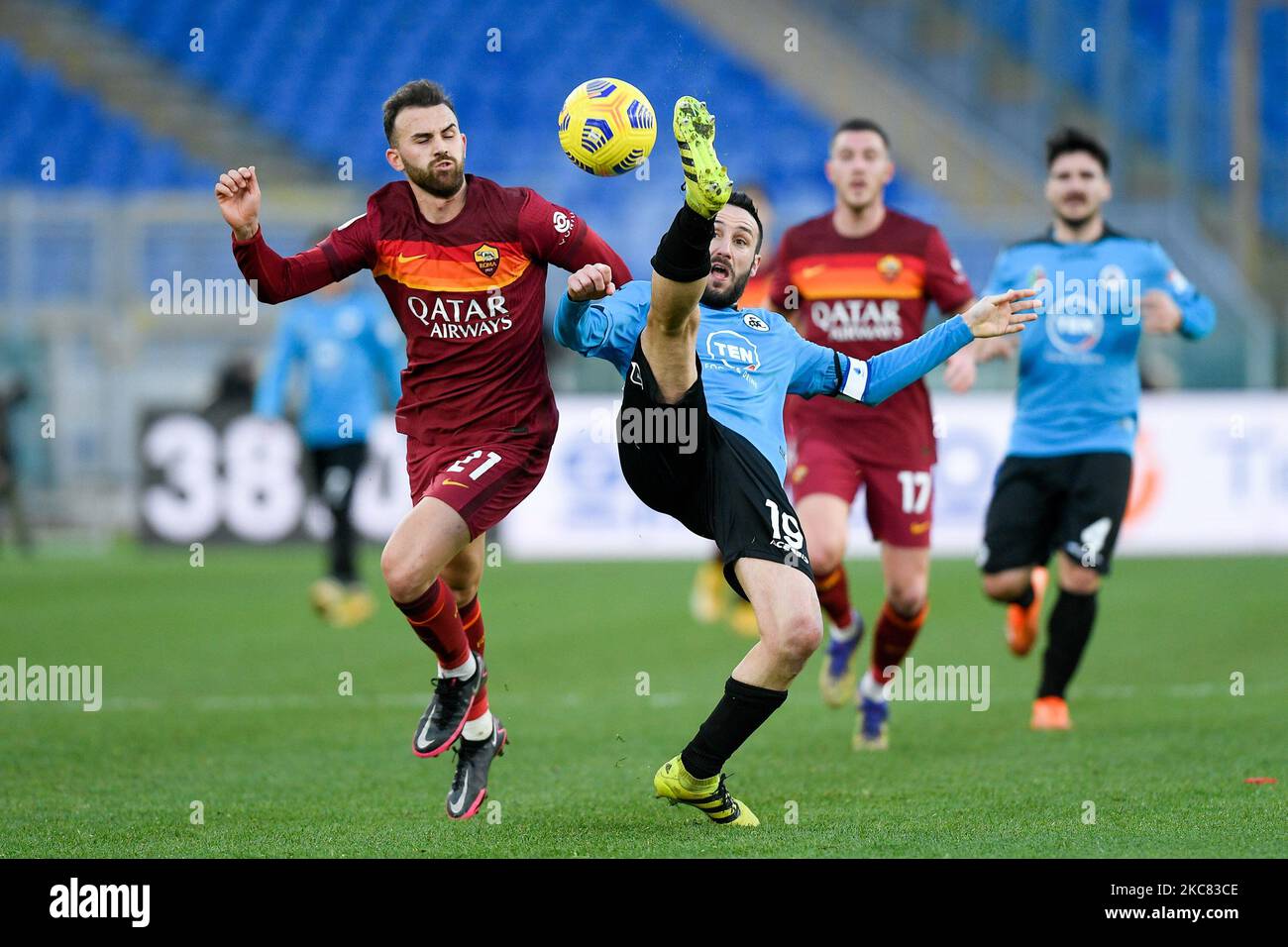 Claudio Terzi of Spezia Calcio and Borja Mayoral of AS Roma compete for ...