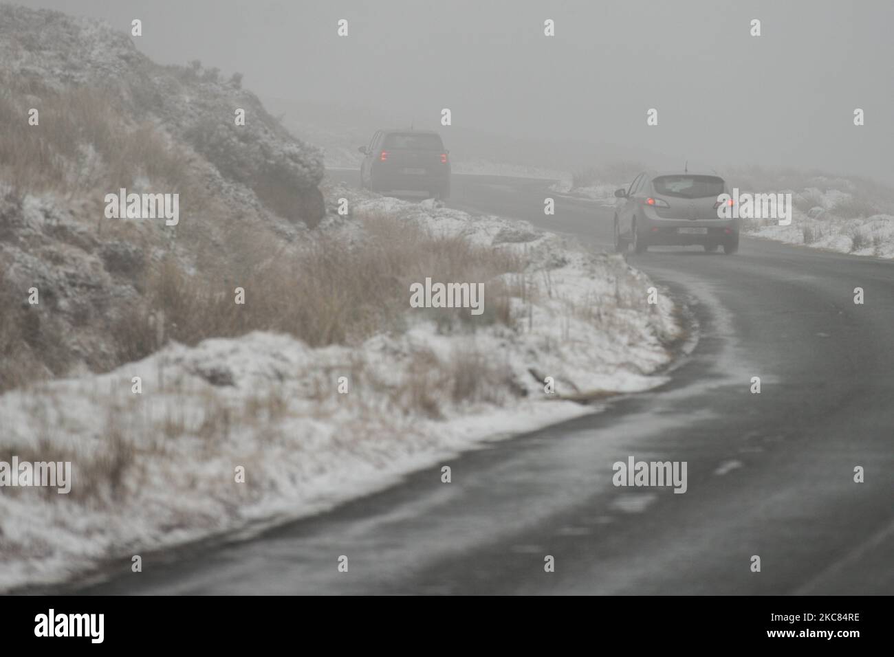 Cars seen at the Wicklow Gap, Co. Wicklow, during a winter weather ...