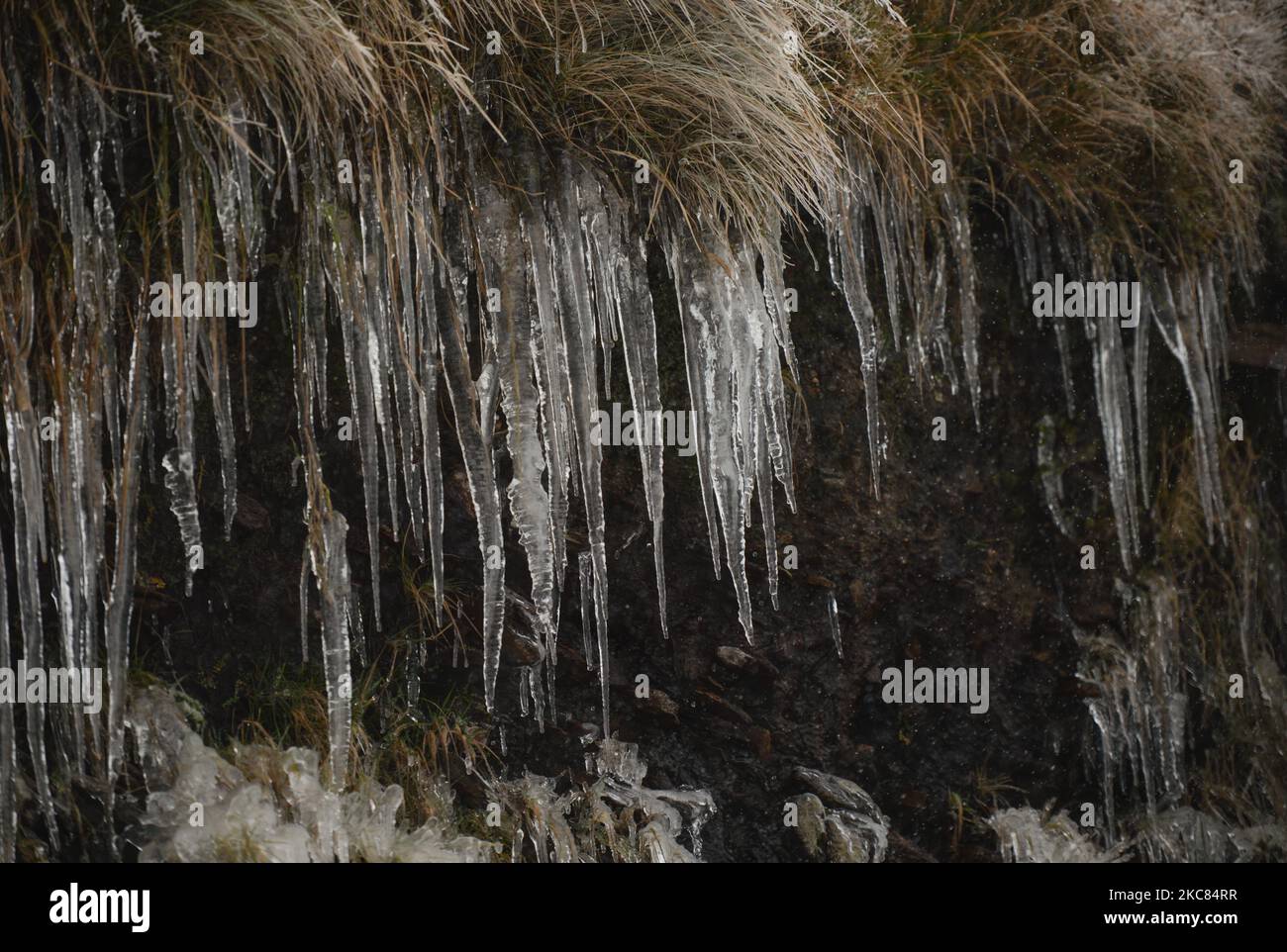 Icicles at Wicklow Gap, Co. Wicklow, seen in winter weather after much ...