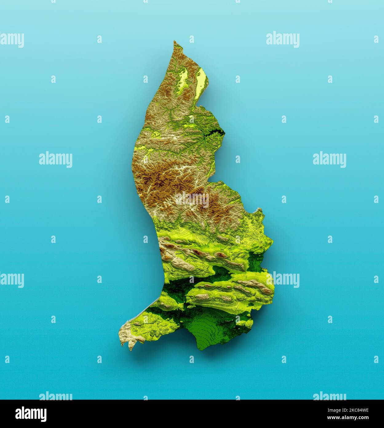 A 3D rendered topographic Liechtenstein map on a blue background Stock ...