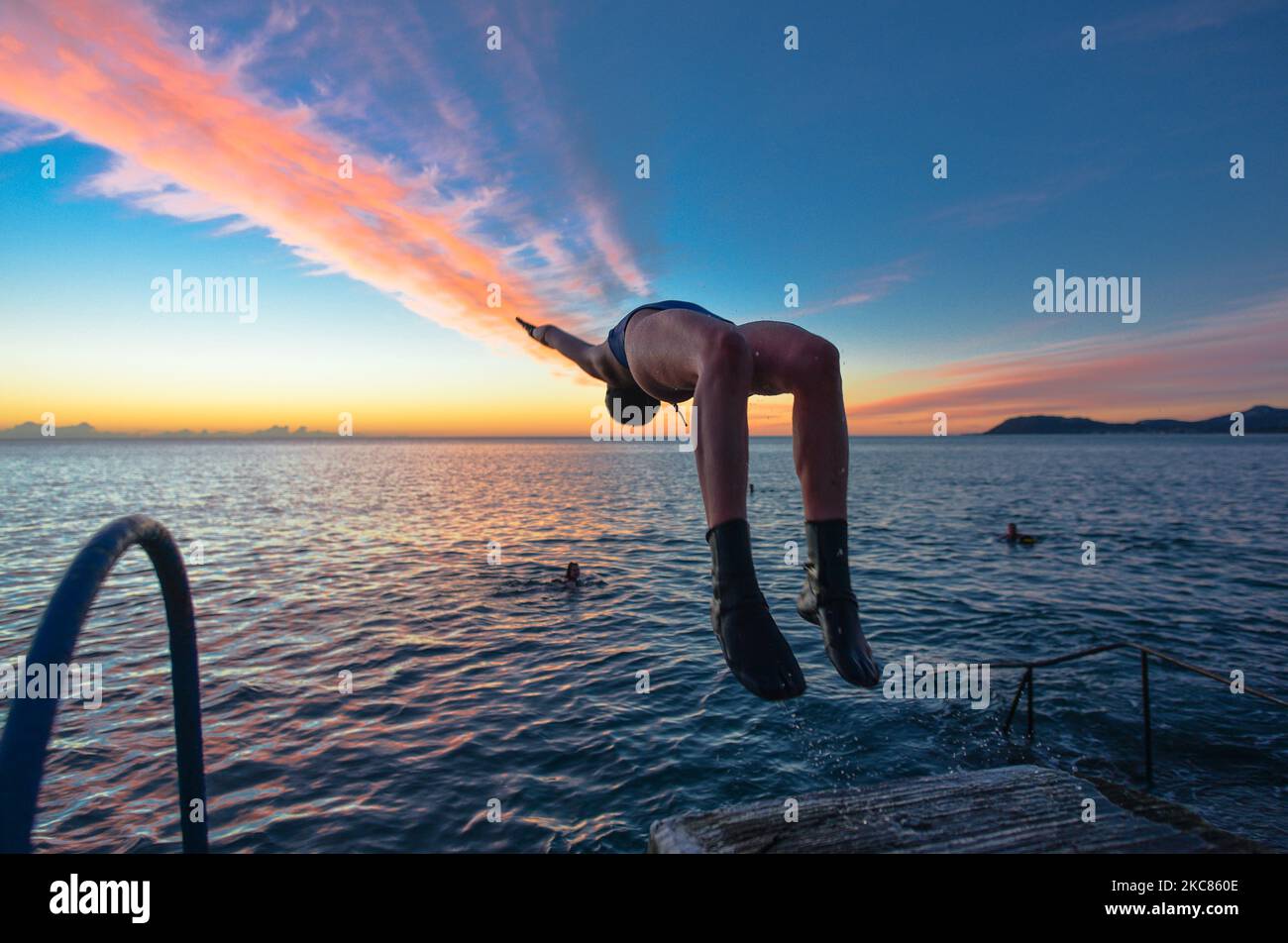 Early morning swimmers at the Vico bathing place, Hawk Cliff, in Dalkey ...