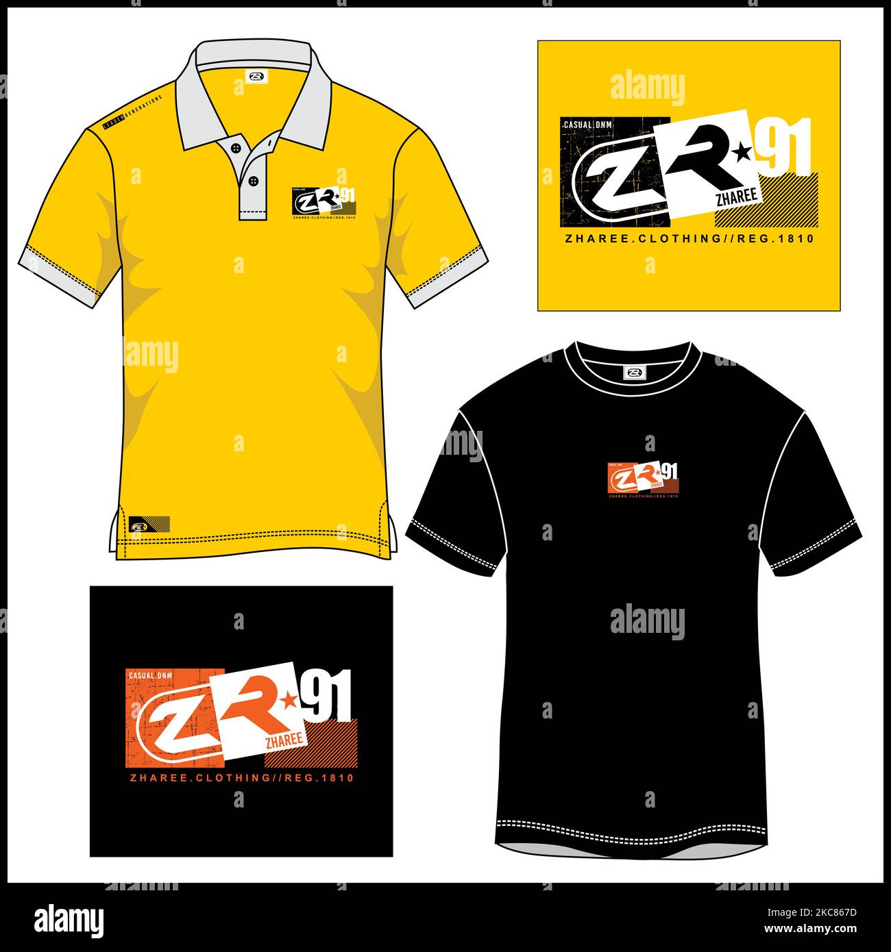 A set of cool modern t-shirt designs on black and yellow backgrounds ...