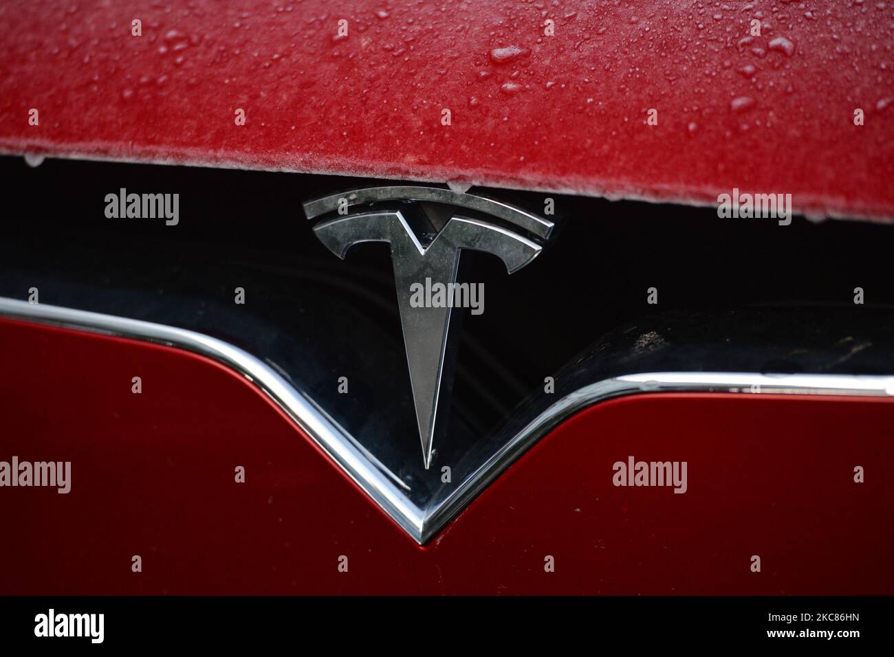 A Tesla logo seen on a parked car in Dublin city center. On Monday ...
