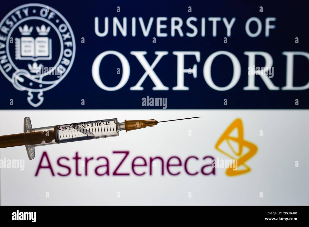 An illustrative image of a medical syringe in front of an AstraZeneca ...