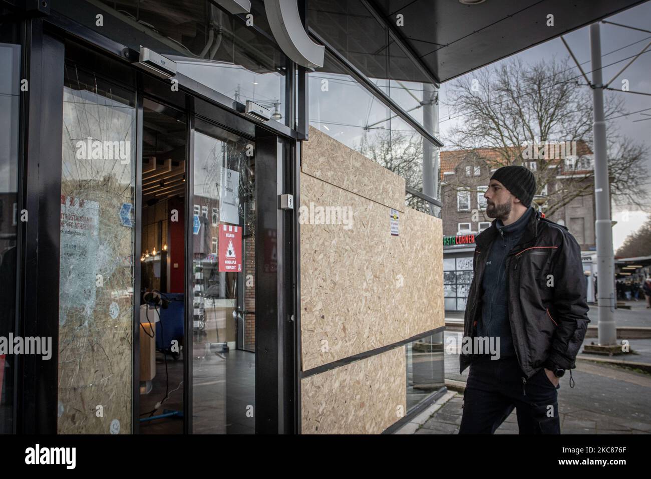 Damaged by the riots KFC fast food chain. The aftermath of the anti ...