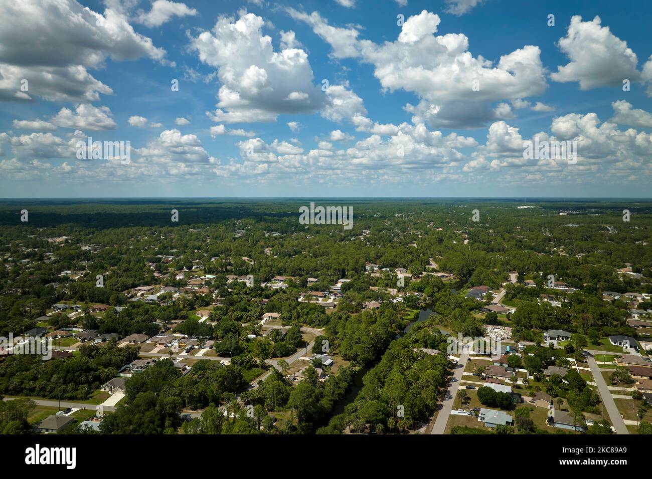 Aerial view of small town America suburban landscape with private homes ...