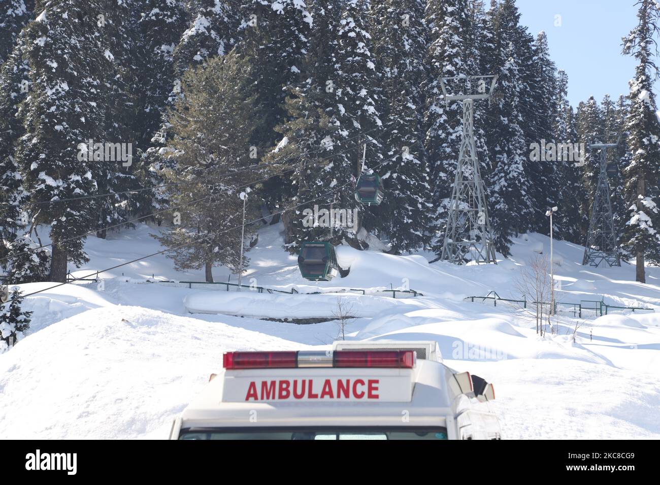 An ambulance is parked outside Gondola (Cable Car Project) in Gulmarg ...