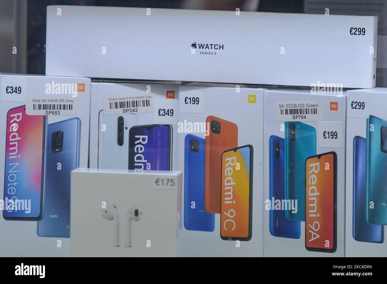 Xiaomi Redmi phones for sale seen in a shop window in Dublin during ...