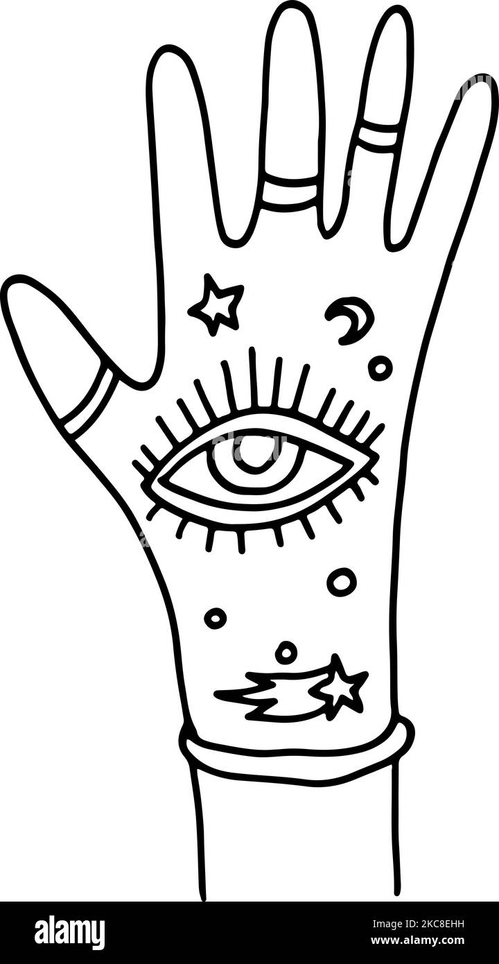 Hand with the eye tattoo. Alchemy doodle art. Witchcraft black and ...