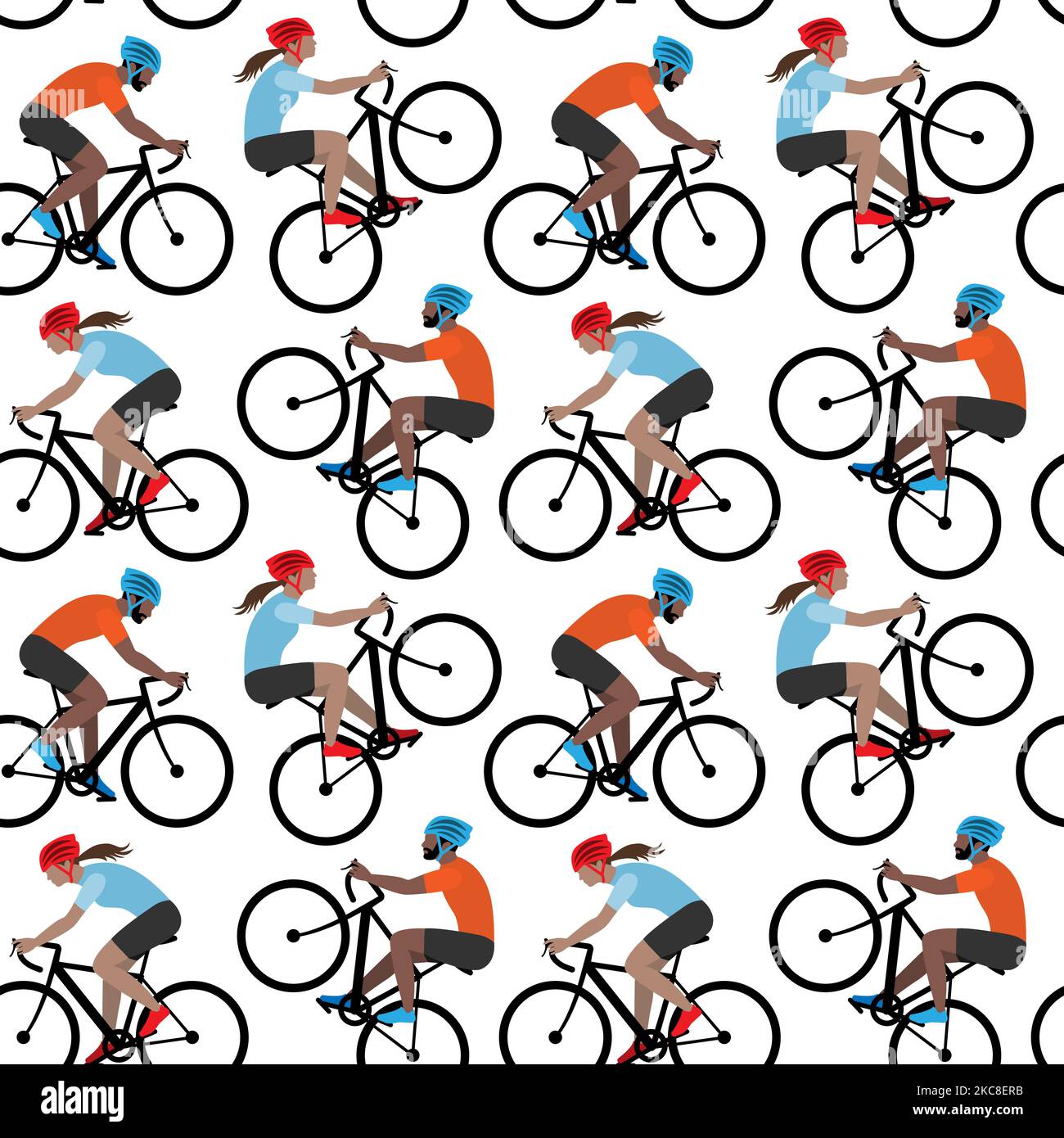 Seamless pattern with male and female cyclists. People riding bikes ...