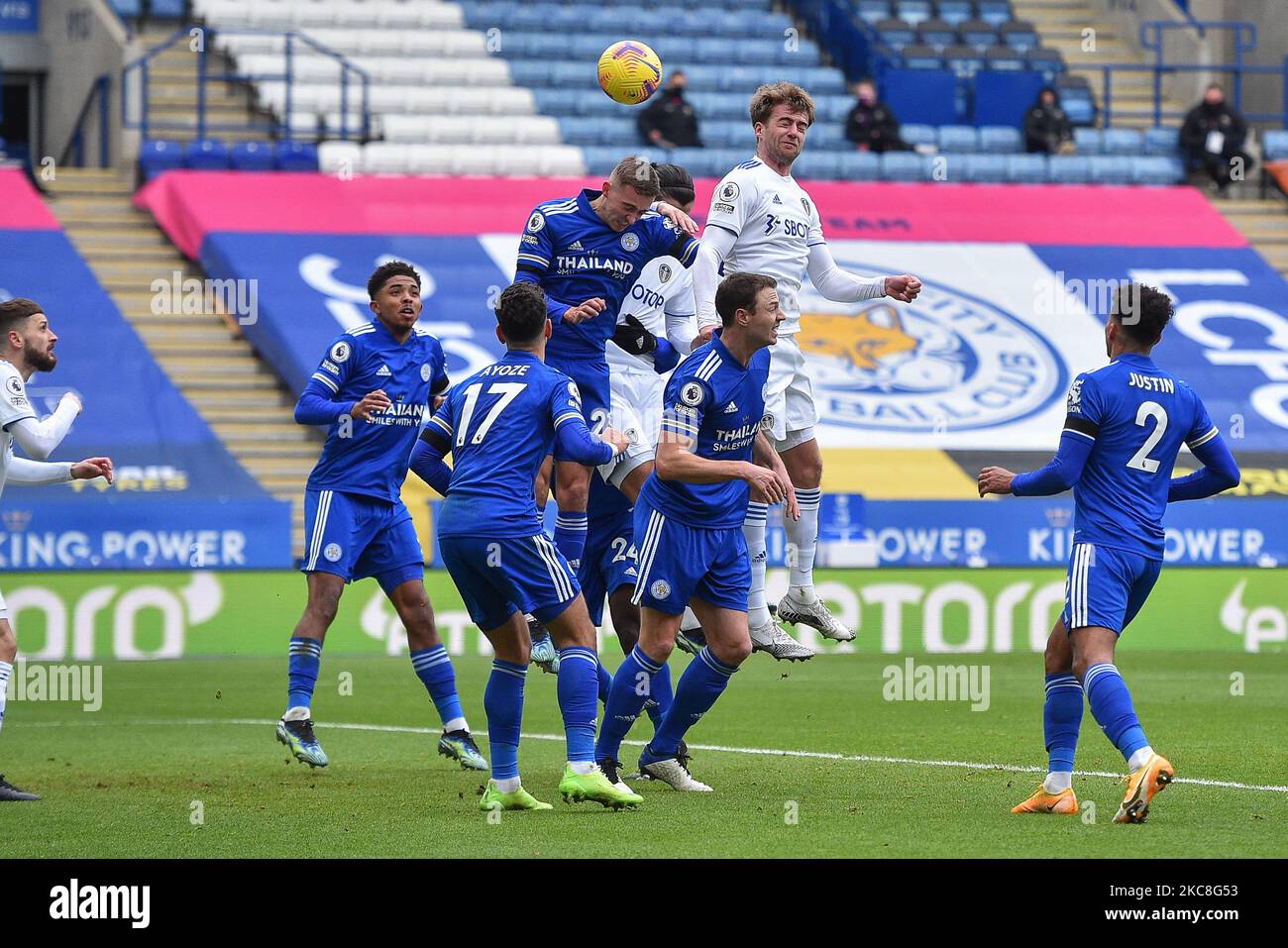 Patrick Bamford of Leeds United battles in the air during the Premier ...