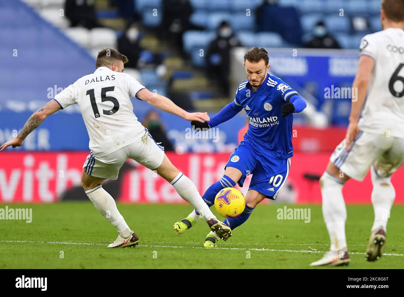 Stuart Dallas of Leeds United tackles James Maddison of Leicester City ...