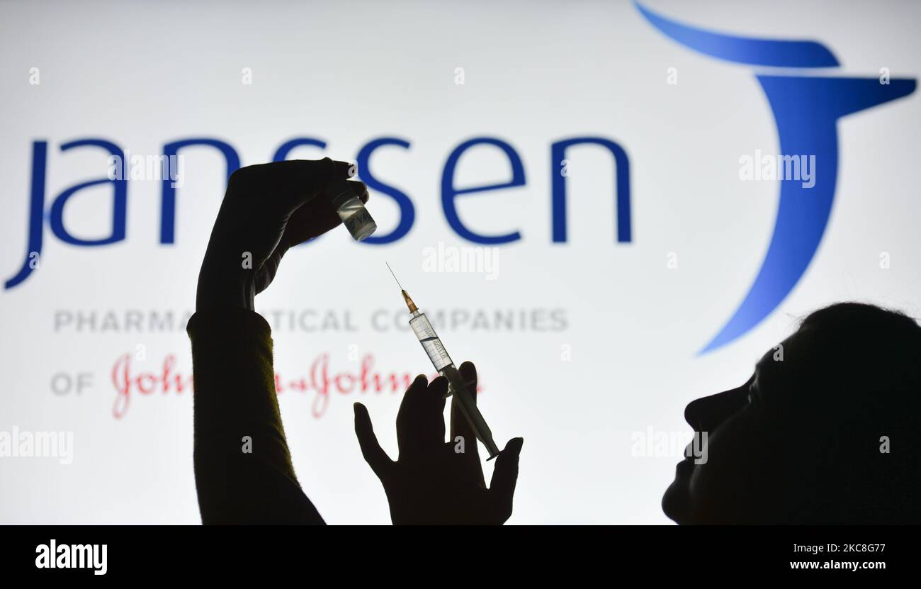 An illustrative image of a person holding a medical syringe and vale in ...