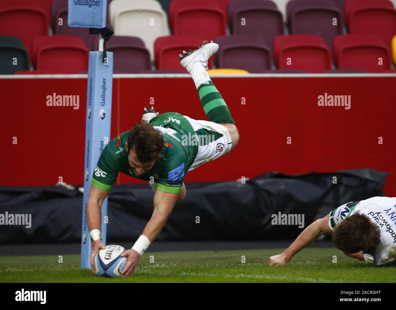 James Stokes of London Irish goes over for his Try during Gallagher ...
