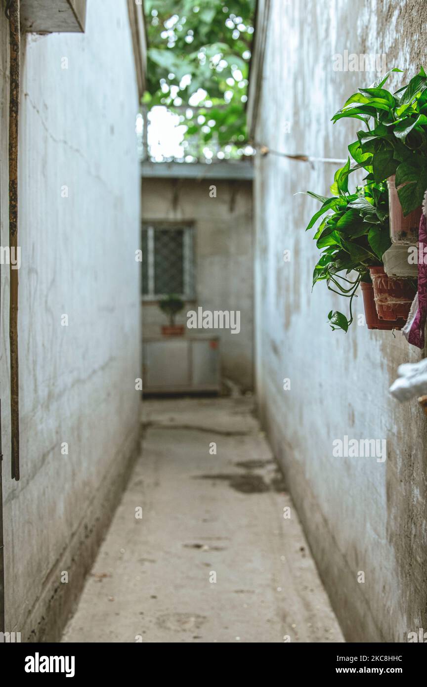 A narrow walkway between two stone country houses Stock Photo - Alamy