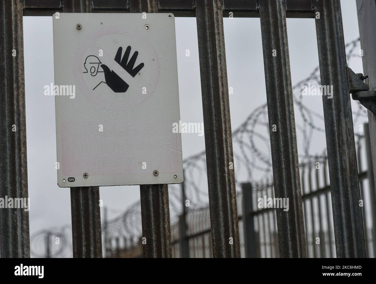 No Entry sign seen on the fence of the Poolbeg power plant in Dublin ...
